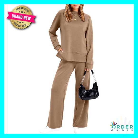 Pants & Jumpsuits | Mock Neck Side Slit Lounge Set Wide Leg Tracksuit ...